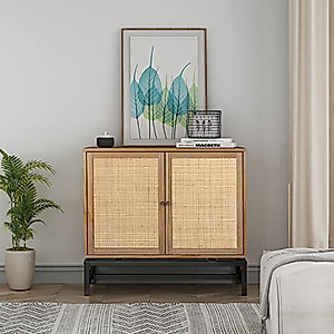 Storage Cabinet with Rattan Doors,Rattan Sideboard Buffet Cabinet with 2-Tier Shelf 3 Adjustable Holes,Kitchen Cupboard Console Table with Iron Bracket up to 99Lbs for Dining Room,Living Room(Beige)