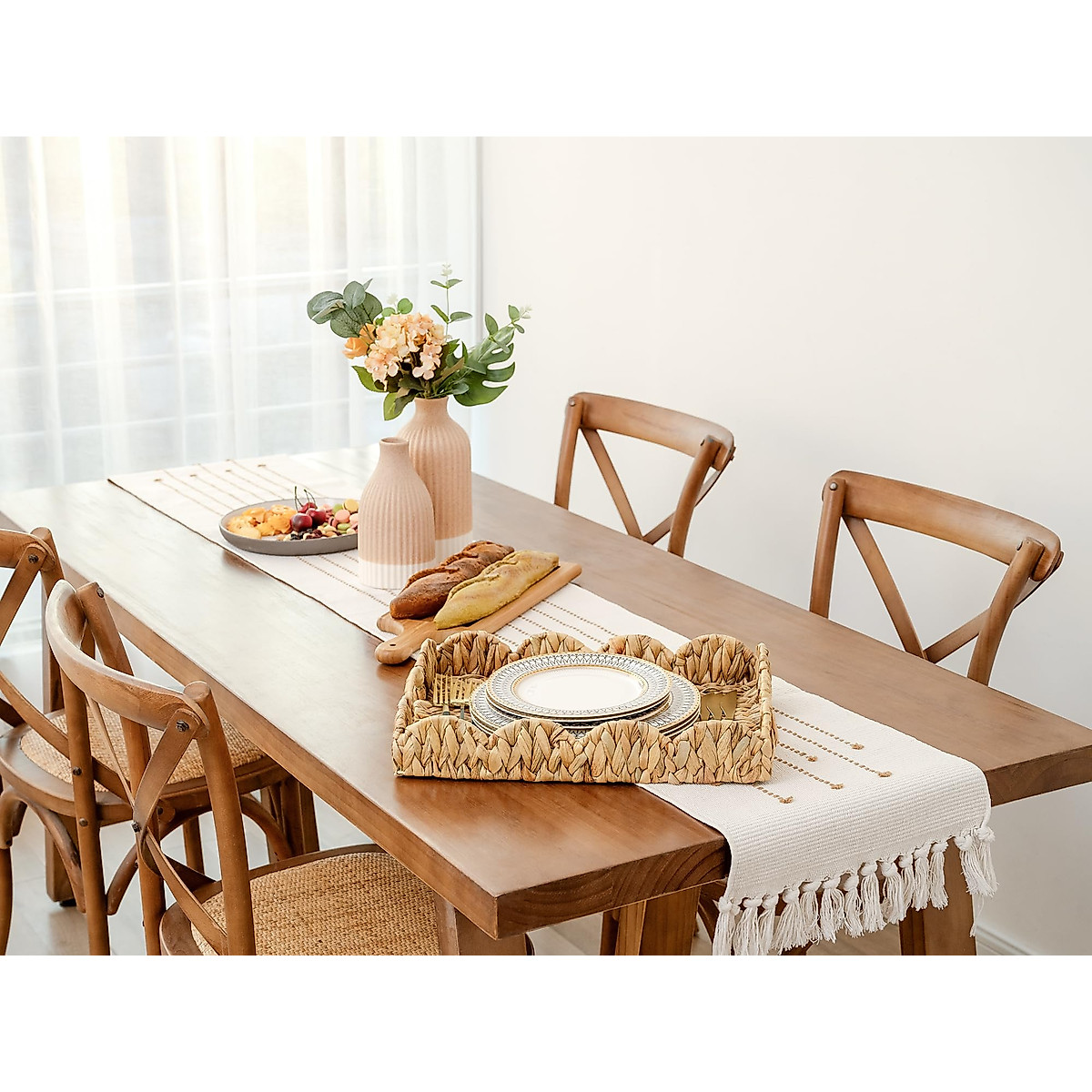 StorageWorks Scalloped Tray, Wicker Tray with Handles, Woven Square Rattan Tray, Scallop Basket Table Décor Trays, Water Hyacinth Rattan Serving Tray for Ottoman Decorative and Organizer Trays