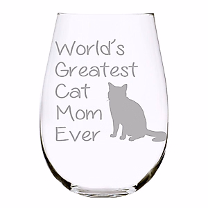 World's Greatest Cat Mom Ever stemless wine glass 17 oz.(cat mom)