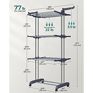 SONGMICS Clothes Drying Rack Stand 4-Tier, Foldable Laundry Drying Rack 67.7-Inch Tall, Stainless Steel, Rolling Clothes Horses Dryer Rack, Easy to Assemble, Indoor Outdoor Use, Gray ULLR701G01