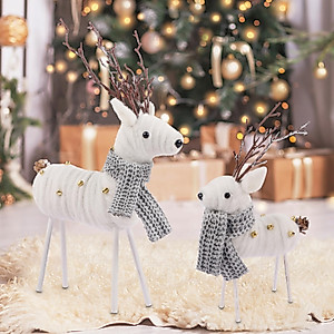 winemana 2 Pcs Plush Fabric White Figurines Reindeer with Scarf Bells Christmas Table Ornaments, Tabletop Standing Deer Christmas Decorations for Home Kitchen Centerpieces Xmas Winter Holiday Party