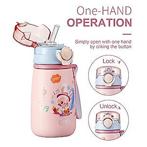 TKK Kids Insulated Water Bottle 16 oz Double Wall Vacuum Stainless Steel Thermos with Leak Proof Straw Lid & Strap Handle & Sticker (Pink)