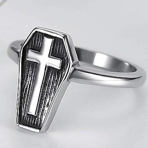 Jude Jewelers Stainless Steel Christian Cross Coffin Shape Religious Prayer Cocktail Party Halloween Biker Ring (Silver, 6)