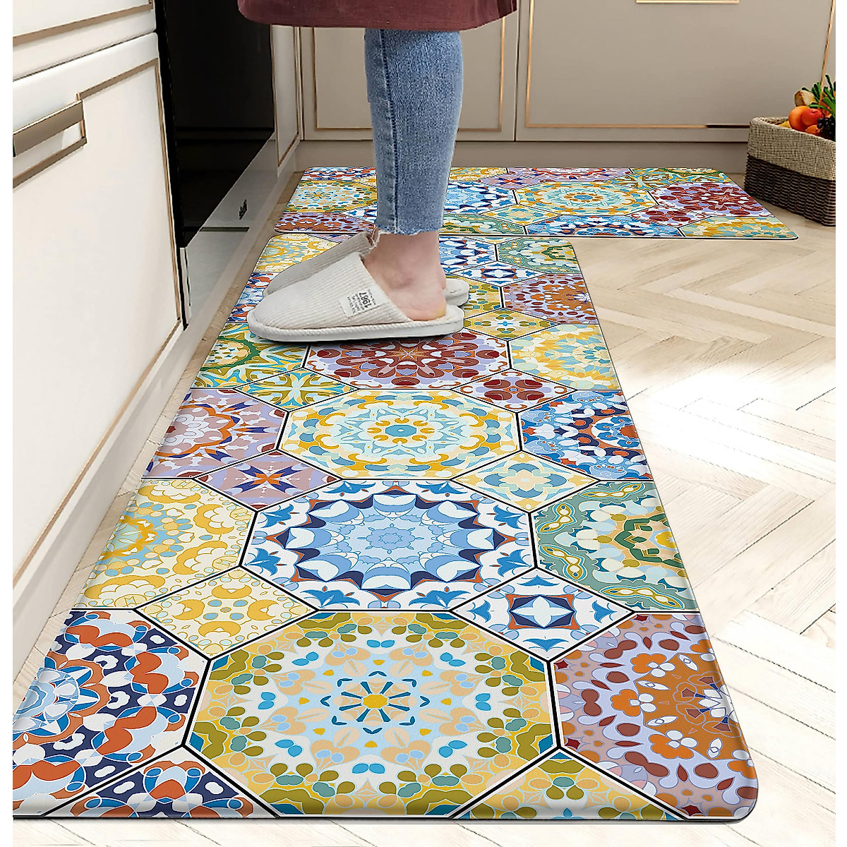 Boho Kitchen Rugs Anti Fatigue Kitchen Rugs and Mats Non Skid Washable Cushioned Kitchen Mats for Floor Bohemian Colorful Rugs for Sink Laundry Bathroom,Set of 2,17.3 X28+17.3 X 47 Inch, PVC