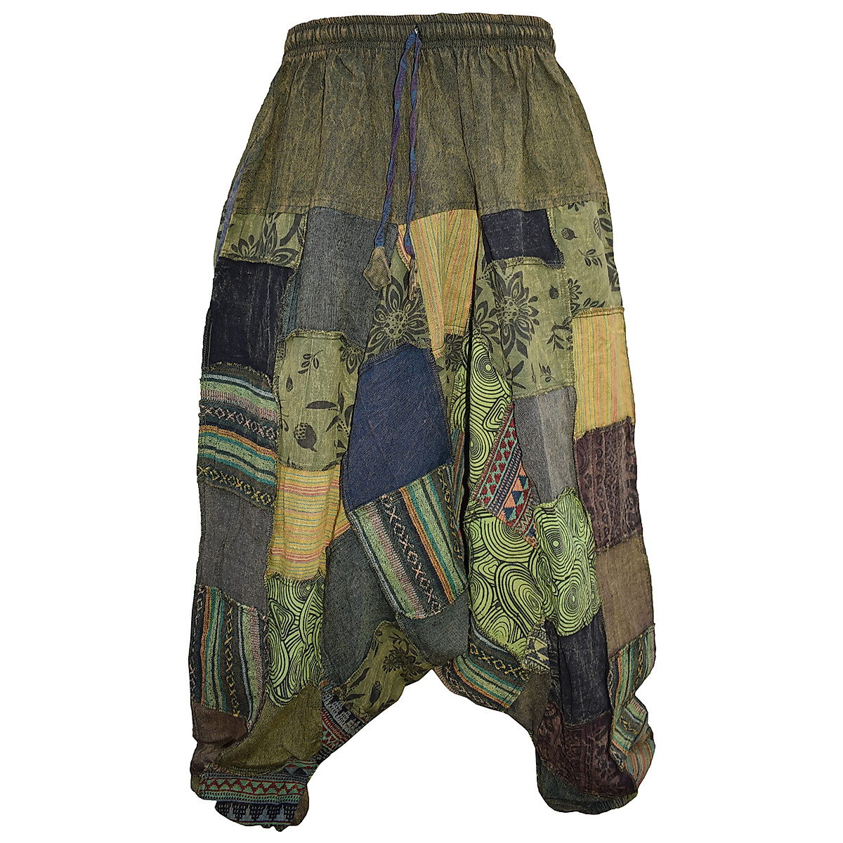Mens Patchwork Stone Washed Yoga Bohemian Baggy Printed Harem Pants Green LXL