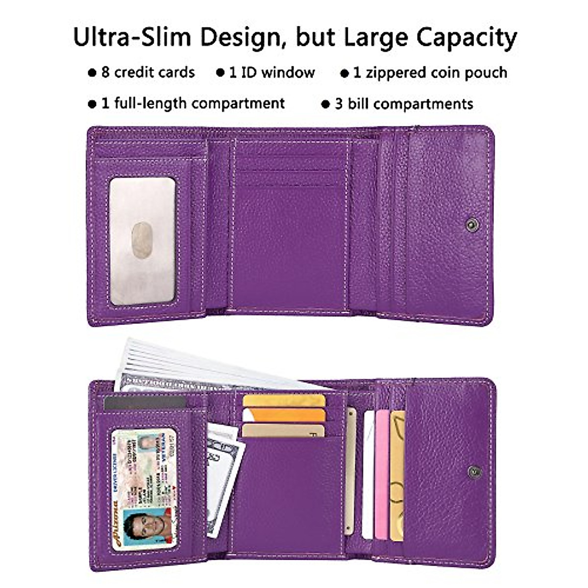 AINIMOER Small Leather Wallet for Women, Slim Compact Credit Card Holder RFID Blocking Wallets Organizer with Coin Pocket, Lichee Purple