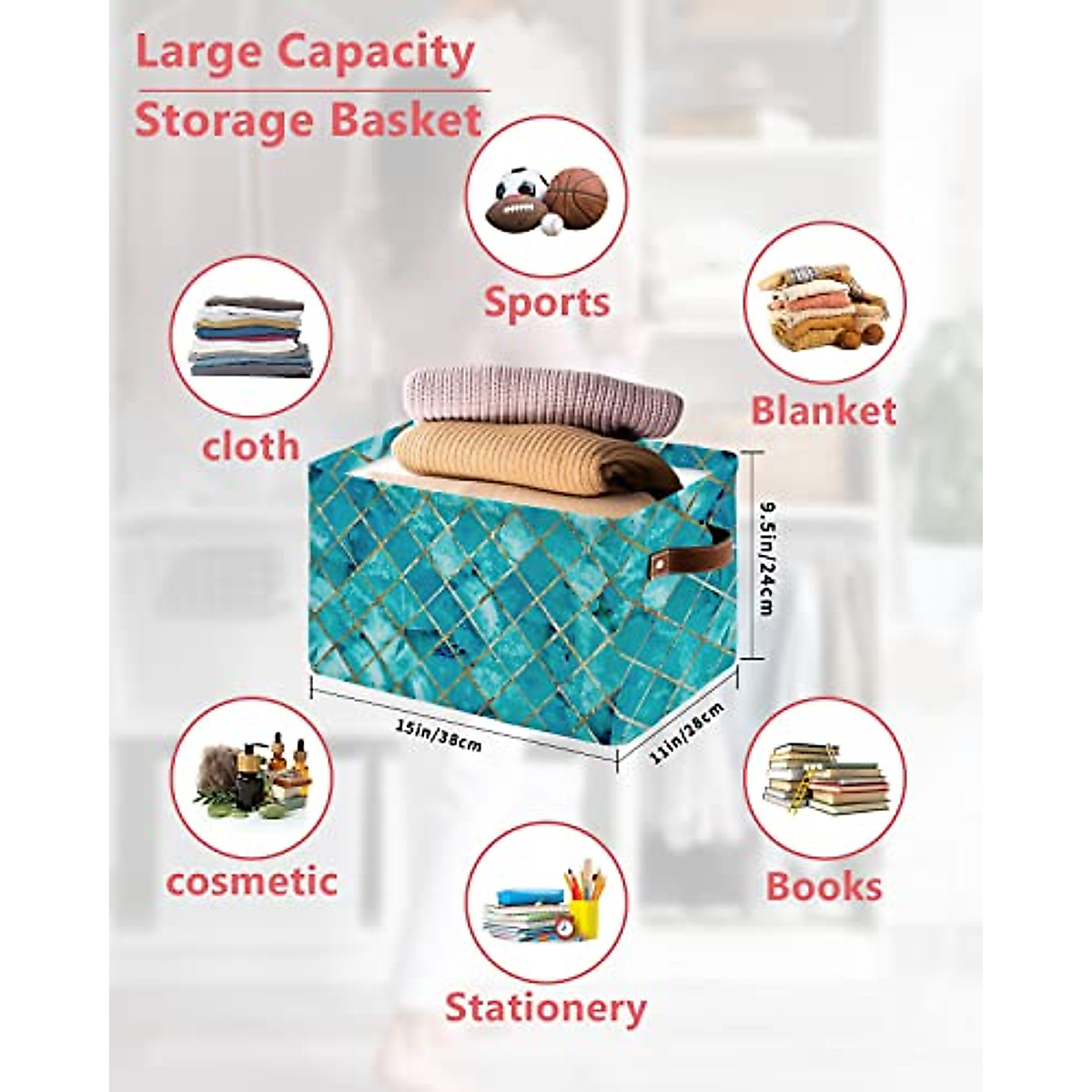 Storage Cubes Organizer with Handles, Blue Geometry Lattice Marble Storage Bins Fabric Collapsible Storage Baskets for Shelf Closet Nursery Cloth Organizers Box 2pcs-15x11x9.5in