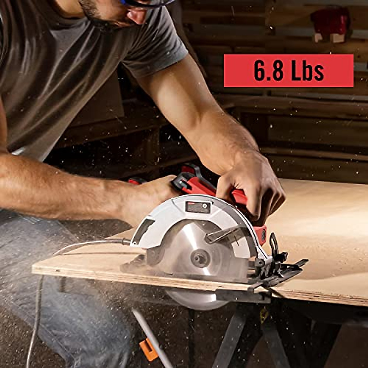 PowerSmart 14 Amp 7-1/4 Inch Electric Circular Saw Corded Wood Saw Red