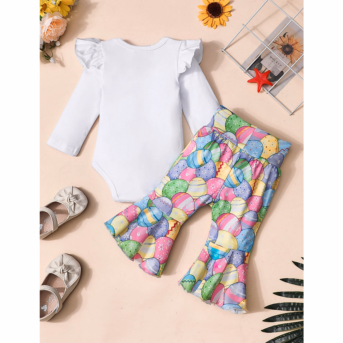 KANGKANG Easter Outfit Baby Girl 12 month Girl Clothes Rabbit Print Romper Flared Pants Pair of Hair Clips