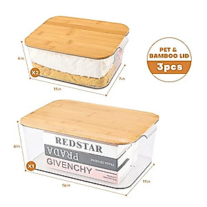 ANMINY Clear Plastic Storage Bins with Removable Bamboo Lids Handles Stackable Lidded Kitchen Food Container Box Basket Set Decorative Clothes Laundry Home Closet Cabinet Shelf Cube - 1 Large 2 Small