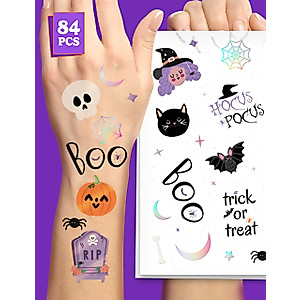HOUSE OF PARTY Halloween Temporary Tattoos for Kids - 84PCS Hocus Pocus Stickers, Bat Tattoos, Skull Stickers, Witch Tattoos, and Spider Webs - Ideal for Halloween Party Favors and Decorations!
