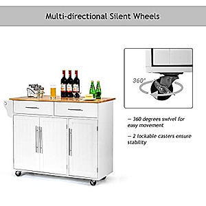 Giantex Kitchen Island Cart Rolling Storage Trolley Cart with Lockable Castors, 2 Drawers, 3 Door Cabinet, Towel Handle, Knife Block for Dining Room Restaurant Use (White)