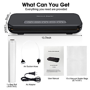 Automatic Vacuum Sealer for Food, 5-in-1 Food Saver Vacuum Sealer Machine with Vacuum Seal Bags and Roll & 1 Air Suction Hose, Food Vacuum Sealing Machine