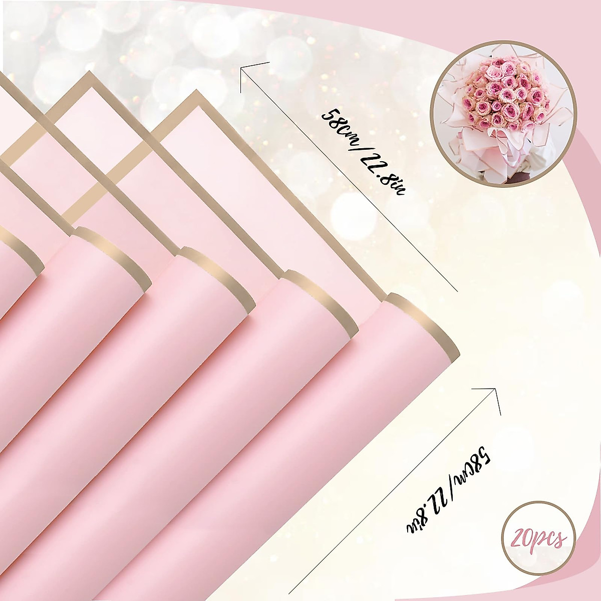 Gloreyan 20 Sheets Gold Edge Flower Wrapping Paper, Florist Bouquet DIY Craft Fresh Flower Bouquet Wrap Waterproof Floral Wrapping Gift Box Packaging Material Florist Supplies, 22.8*22.8 Inches(Pink)