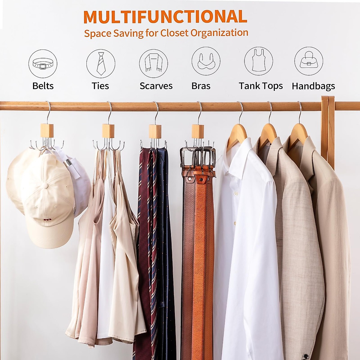 ELONG HOME Belt Organizer, Wooden Block Belt Hanger Closet Organizers and Storage, Belt Rack with 6 Hooks, 2 Pack Tie Hangers