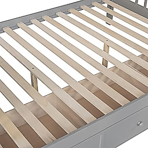 Modern L-Shaped Solid Wood Triple Bed, Twin over Full Bunk Bed with Storage Staircase and 3 Drawers, Loft Bed Frame with Ladder and Safety Guardrail for Aldults Teens Kids, Maximized Space (Grey)