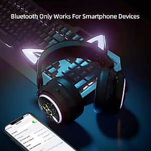 EASARS Wireless Cat Ear Headphones, Black Gaming Headset Bluetooth 5.0 for Smartphone, Retractable Mic, 50mm Drivers, RGB Lighting Headset with Mic (USB Dongle Not Included)