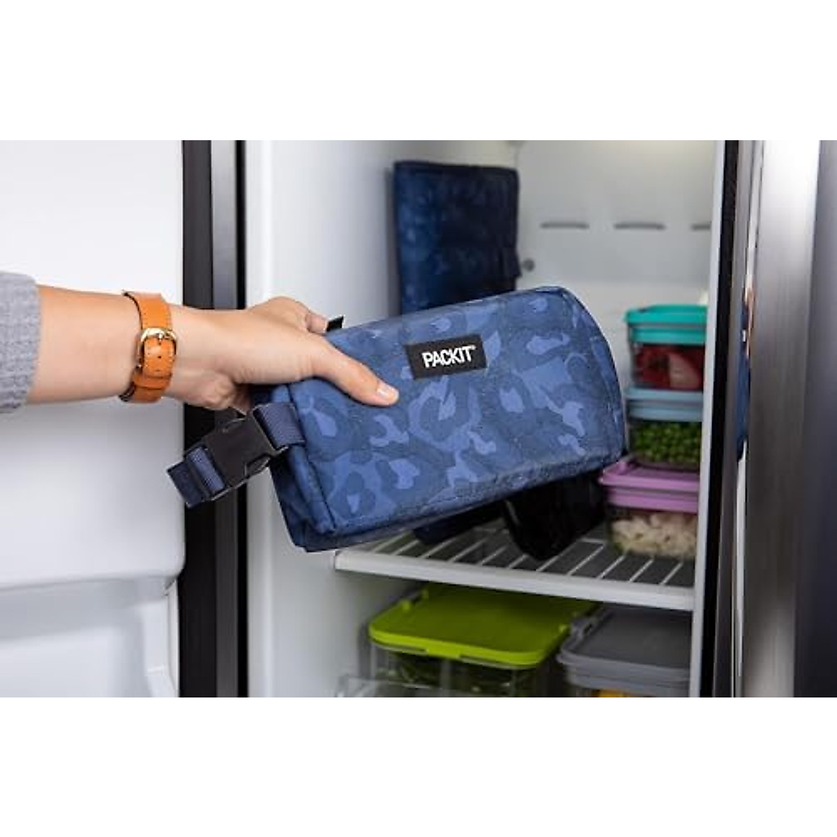 PackIt Freezable Snack Box, Heather Leopard Navy, Built with EcoFreeze Technology, Collapsible, Reusable, Zip Closure with Buckle Handle, Fresh Snacks on the go