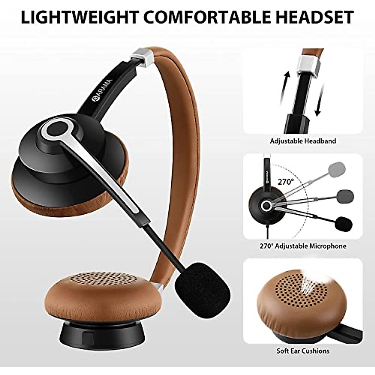 Wireless Headphones with Microphone, HD Stereo Sound & Noise Isolating Bluetooth Headset with Mute Button, Comfortable 25Hrs Playtime Hands Free On Ear Headphones for Cell Phone Calls Music Work