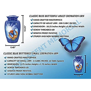 THE ASCENT MEMORIAL Urn for Human Ashes Adult Male Female | Butterfly Printed Large Funeral Urn | Complimentary Small Keepsake Vial | 2 Velvet Carry Bags for Urns and Keepsakes