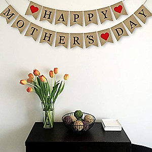 Happy Mother’s Day Burlap Banner Mother's Day Bunting Garland Rustic Mothers Day Banner with Heart Happy Mother's Day Bunting for Mother's Birthday Gifts from Daughter and Son Party Photo Prop