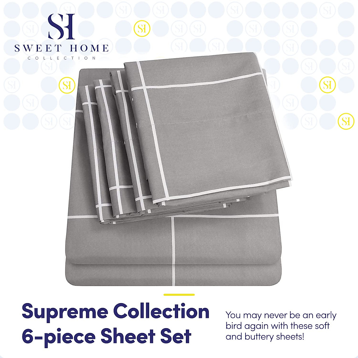 Queen Sheets Window Pane Gray - 6 Piece 1500 Supreme Collection Fine Brushed Microfiber Deep Pocket Queen Sheet Set Bedding - 2 Extra Pillow Cases, Great Value, Queen, Window Pane Gray