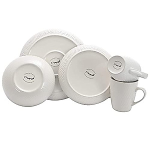 Elama Round Stoneware Luxurious Mellow Dinnerware Dish Set, 16 Piece, Speckle Powder Blue and White