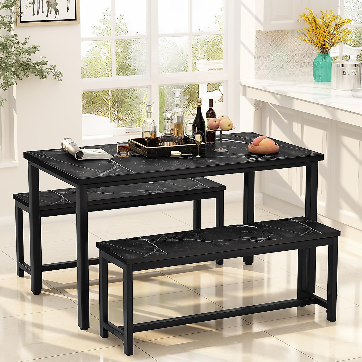 AWQM Modern Black Dining Table Set with Benches, 47.2" L x 28.74" W x 28.74" H, Ideal for Small Spaces