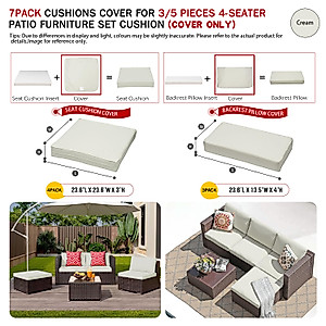 ClawsCover 7Pack Outdoor Seat and Back Cushions Replacement Covers Fit for 3/5 Pieces 4-Seater Wicker Rattan Patio Furniture Conversation Set Sectional Couch,Cream-Small (Include Cover Only)