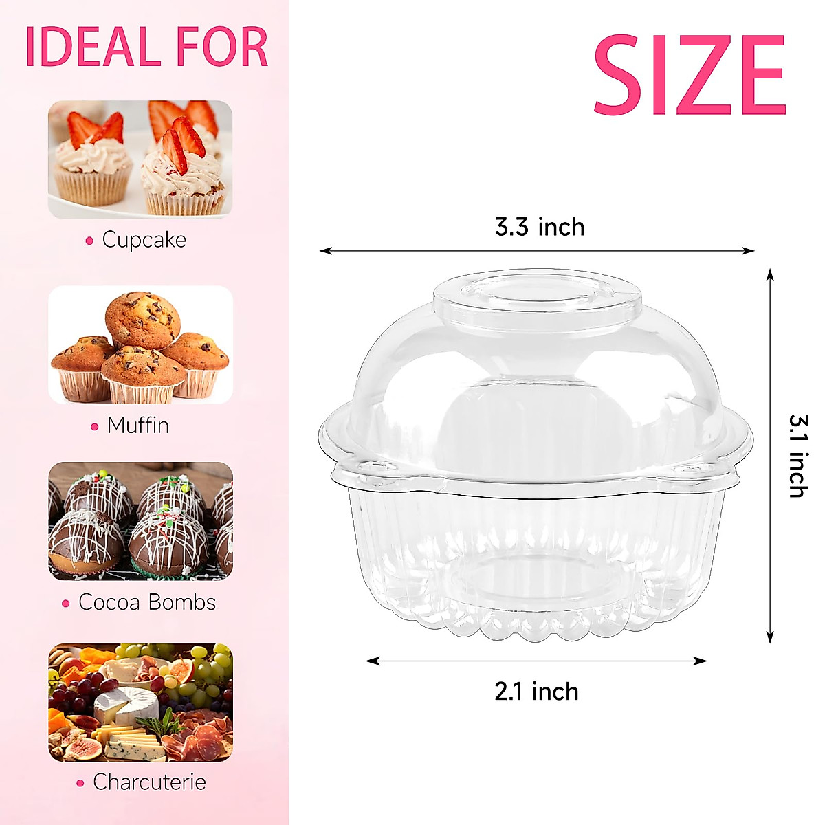 Zezzxu 100 Pack Individual Cupcake Containers, Clear Plastic Cupcake Holders with Dome Lids, Single Cupcake Carriers for Cupcakes, Hot Cocoa Bombs, Muffins, Pastries