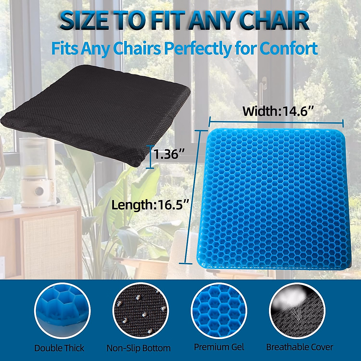 TONIINT Large Gel Seat Cushion for Long Sitting with Non-Slip Cover,Soft & Breathable,Chair Cushion,Car seat Cushion,Office seat Cushion,Seat Cushion for Desk Chair,Wheelchair Cushion