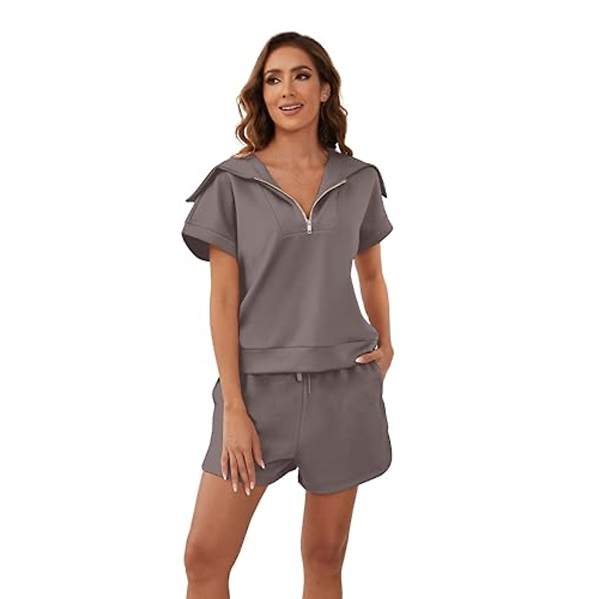 calbatic Women Casual Two Pieces Outfits Half Zip Lapel Collar Short Sleeve Sweatshirt High Waisted Shorts Tracksuit Sets