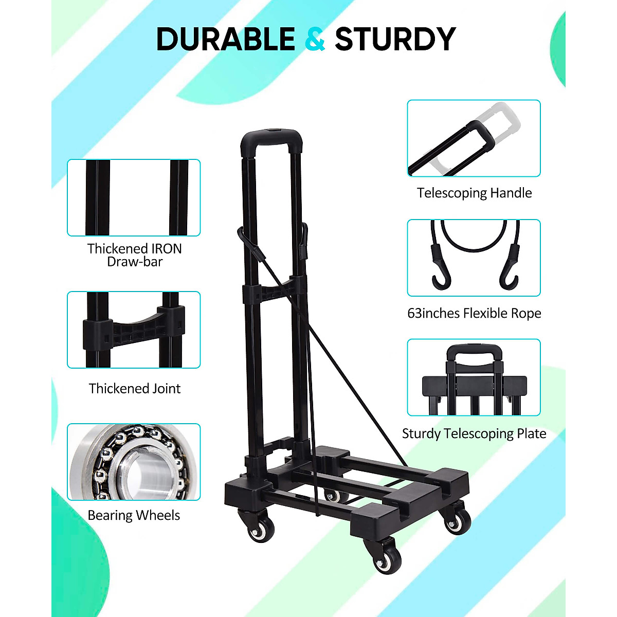 Lougnee Folding Hand Truck, 4 Wheels Fold Up Hand Cart with 2 Elastic Ropes, Portable Foldable 220 lbs Capacity Heavy Duty Luggage Cart, Utility Dolly Platform Cart for Car House Office Moving, Black