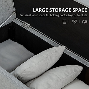 HOMCOM Upholstered Storage Ottoman, Armed Storage Bench with Rubber Wood Legs for Living Room, Light Gray