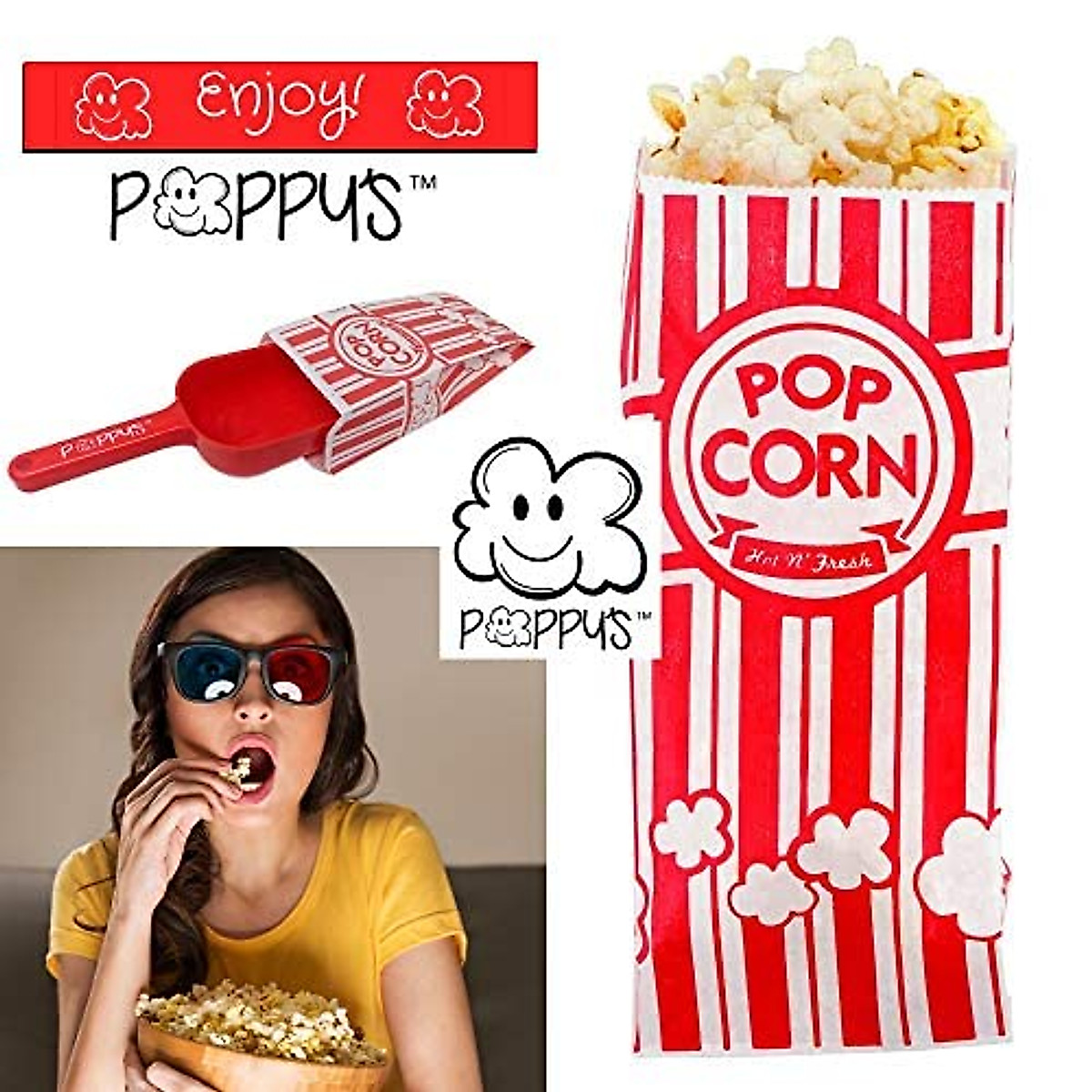 Poppy's Plastic Popcorn Scoop Bundle - 200 Bags and Plastic Popcorn Scooper, Popcorn Machine Accessories for Popcorn Bars, Movie Nights, Concessions