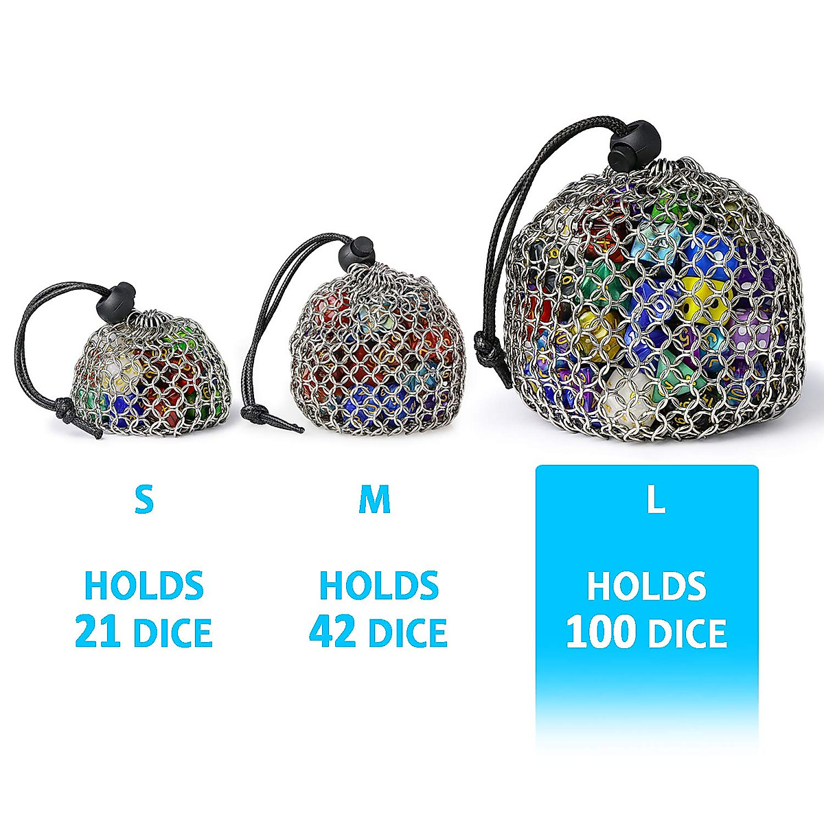 YOUSHARES Chainmail D&D Dice Bag - Large Capacity Stainless Steel Drawstring Dice Bag for Dungeons and Dragons Dice Set (Hold 100 DND Dice)