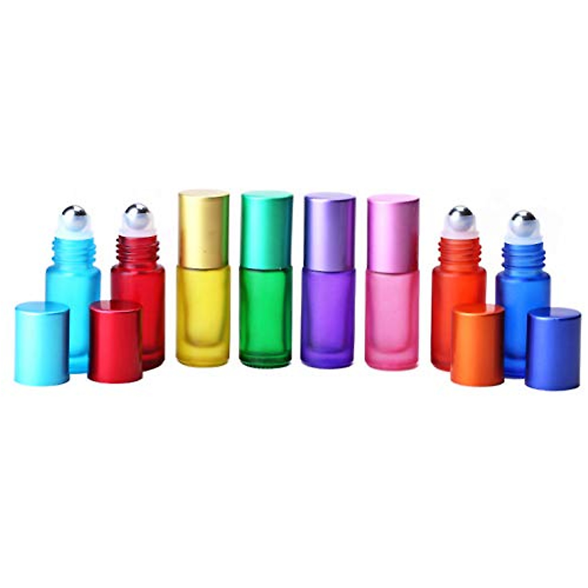 ConStore 8pcs 5ml Colorful Frosted Roll on Bottles Glass Roller Ball for Essential Oils Refillable Massage Roller Bottles with Stainless Steel Ball Empty Containers for Aromatherapy+1pcs Dropper