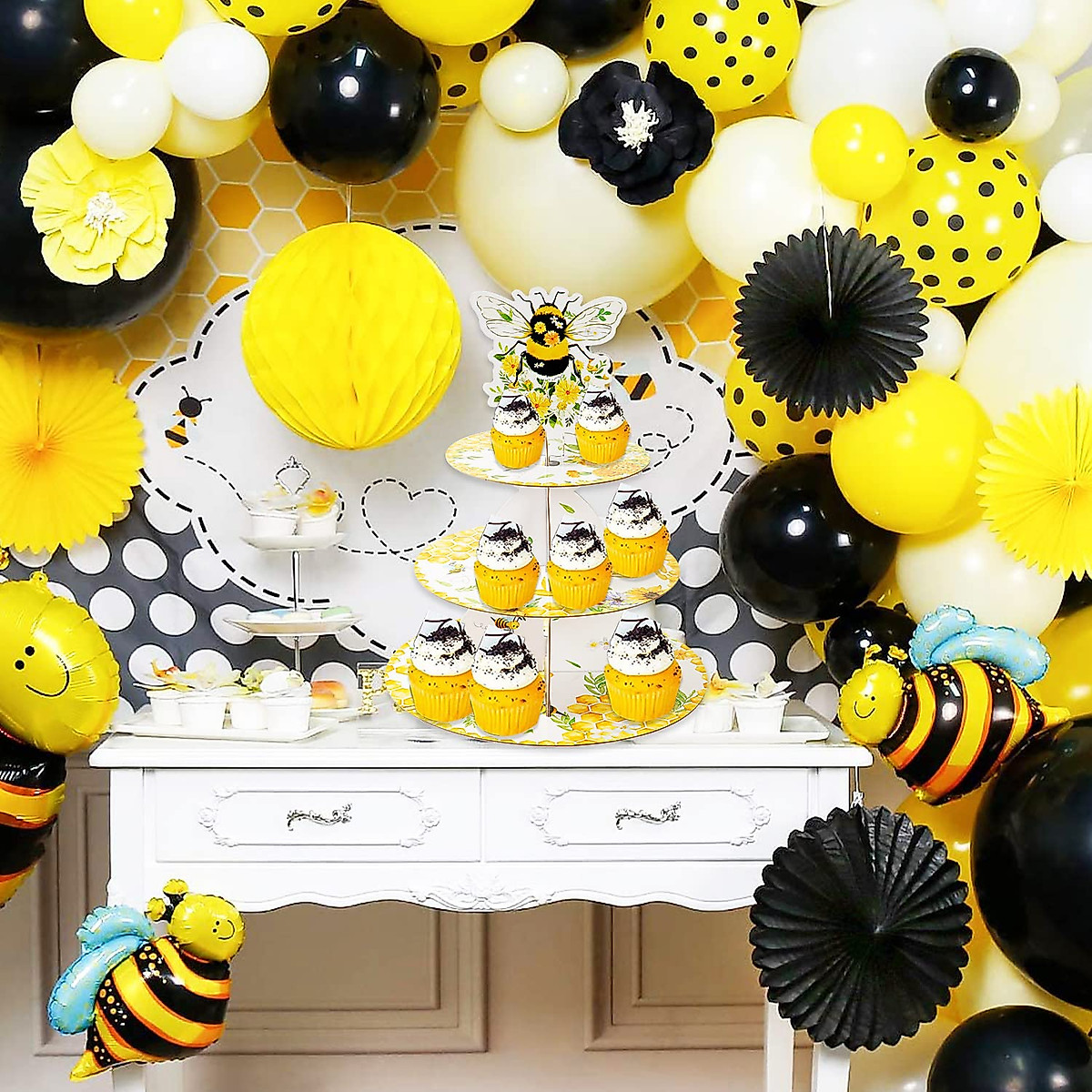KVCSYAW 3 Tier Bee Cupcake Stand, Yellow, Cardboard, Round, 12 x 12 x 15.2 in