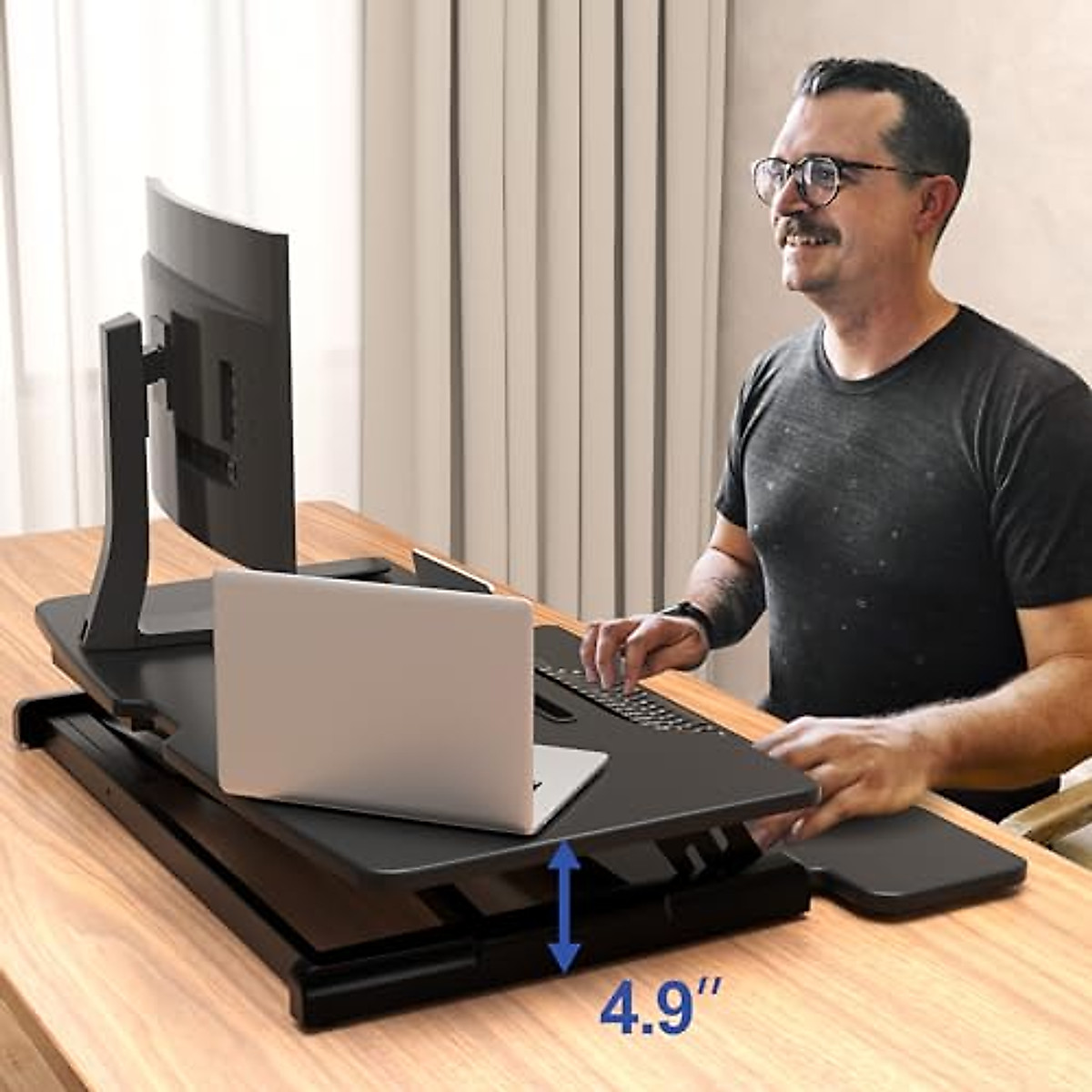 Joy Seeker Standing Desk Converter 30 Inches Stand up Desk Riser, Height Adjustable Dual Tier Sit Stand Tabletop Monitor Riser Workstation for Home Office with Deep Keyboard Tray for Laptop