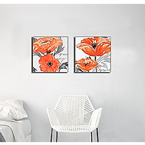 2 Pieces Orange and Gray Wall Decor Poppy Flower Canvas Art (Stretched Canvas)