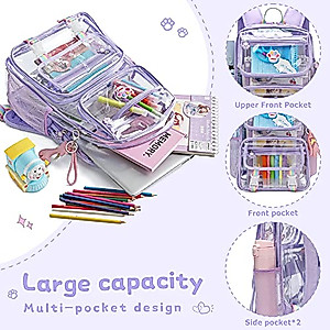 Maod Clear Backpack for Girls Cute Transparent See ThroughHeavy Duty Kid School Book Bags with Reinforced Padded Straps and Complimentary Gift (Purple, Small)