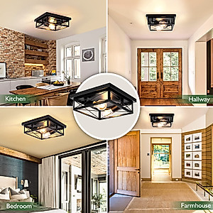 ONELEJA Black Rustic Flush Mount Ceiling Light Fixture, 2 lights Industrial Square Metal Cage Farmhouse Ceiling Light for Hallway Entryway Kitchen Bedroom Porch