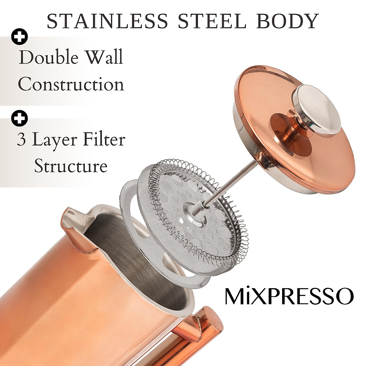 Mixpresso Stainless Steel French Press Coffee Maker 26 Oz 770 Ml Double Wall Metal Insulation Coffee Press & Tea Brewer Easy Clean & Easy Press, Strong Quality Coffee Press, Copper Small French Press