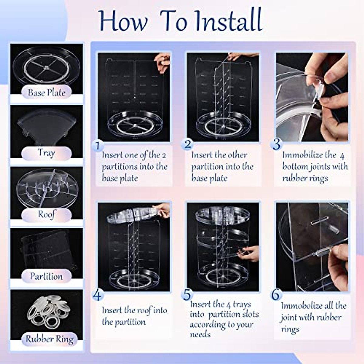 Maitys Set of 2 360° Rotating Makeup Organizer and Cosmetic Display Cases 3 Drawers Stackable Storage Box Adjustable Cosmetic Storage Display Case for Jewelry Accessories Lipsticks, Clear Transparent