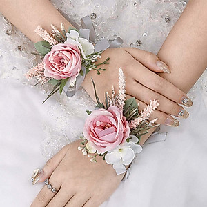 Campsis Set of 2 Wedding Bridal Handmade Flower Wrist Corsage Pink Ribbon Leaves Bride Wristlet Bridal Bridesmaid Hand Flower Prom Party Beach Photography