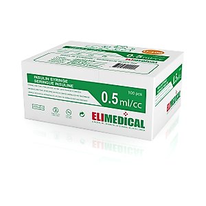 Elimedical Veterinary Insulin Syringe, U-100, 0.5cc (0.5ml), 27g x 1/2 inch (12.7mm), Individually Packed, for Pet Cat or Dog, 100 per Box, 05V2713VB