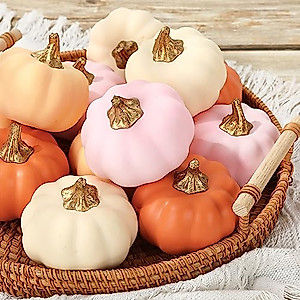 AnyDesign 12Pcs Artificial Pumpkins Fake Foam Pumpkins Mini White Pink Gold Orange Faux Harvest Pumpkins for Autumn Thanksgiving Halloween Holiday Home Party Farmhouse Decorations