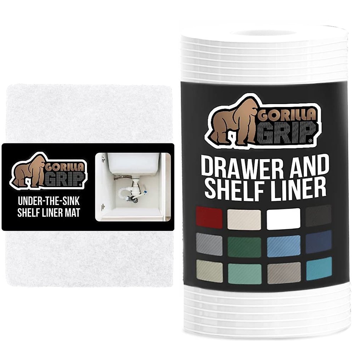 Gorilla Grip Under Sink Mat and Drawer Liner, Under Sink Mat Size 24x24 in White, Absorbent Mat for Below Sinks, Drawer Liner Size 17.5x20 in Clear, Strong Grip Liners for Drawers, 2 Item Bundle