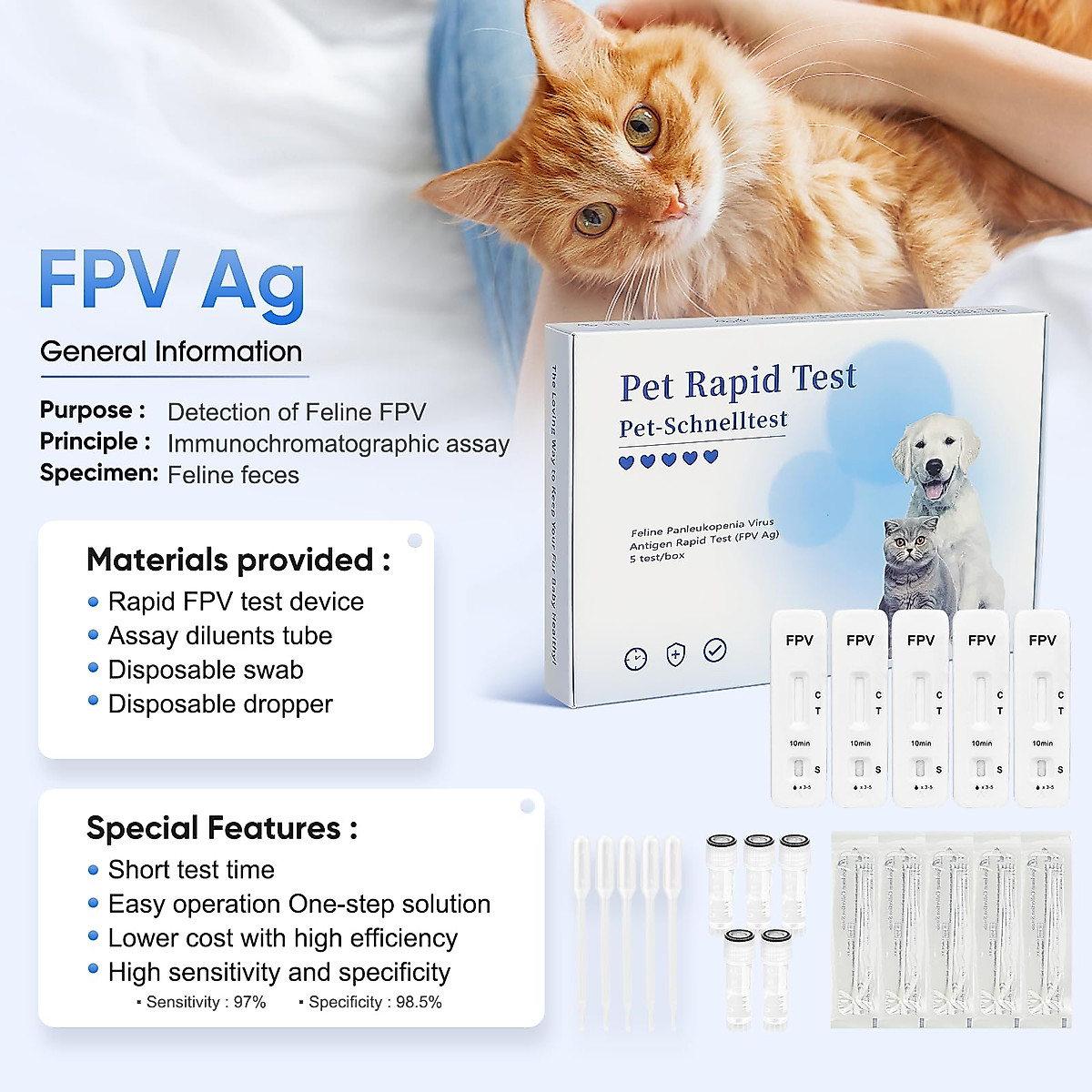 PawsXfun Cat Healthy FPV Test Kit for Cats - Accurate & Quick 5-Pieces Home Detection in Feces in 5-10 Minutes! Easy to Use Non-Invasive Early Diagnosis Tool Suitable for All Breeds & Ages