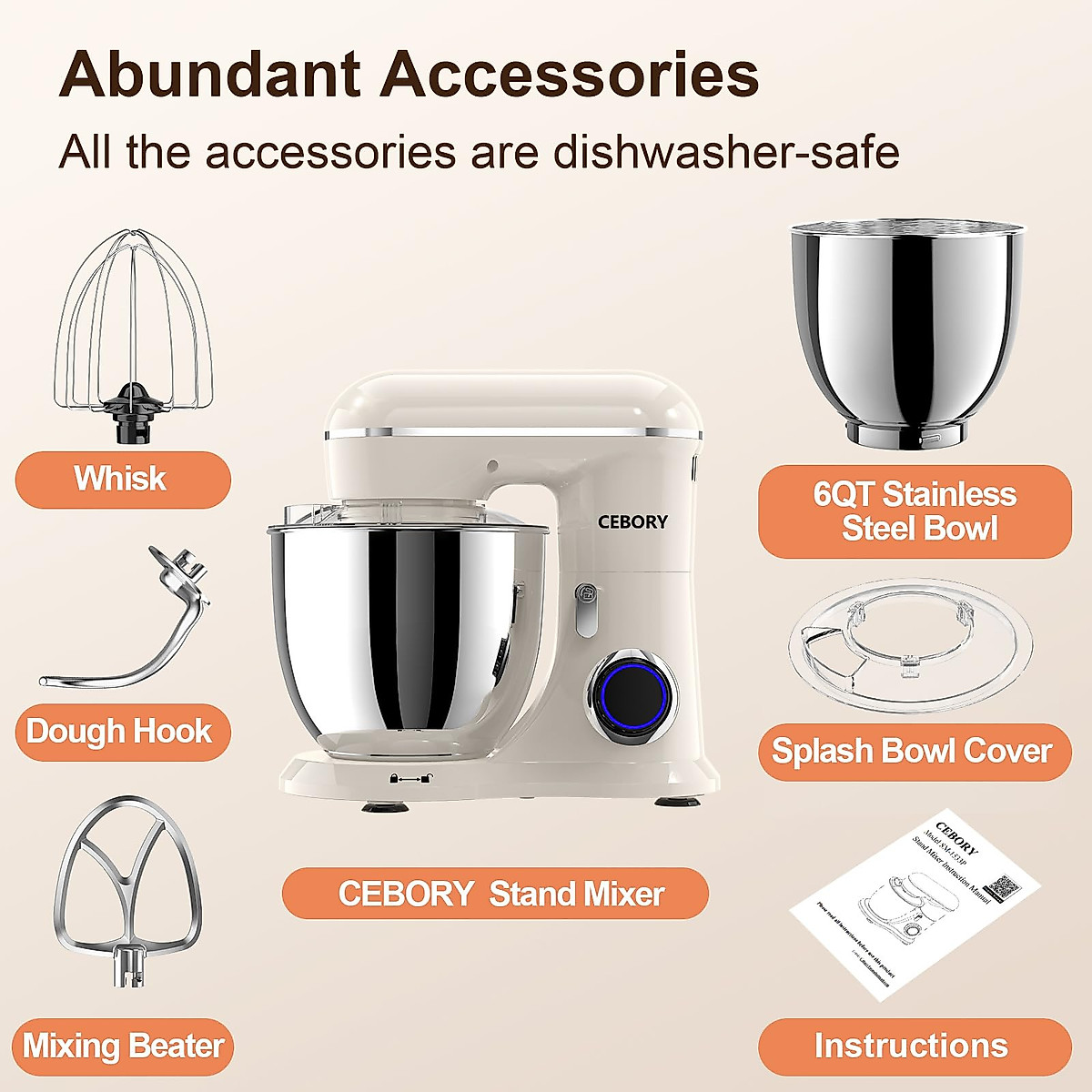 CEBORY 3-IN-1 Electric Stand Mixer, 6QT Bowl 10-Speed Kitchen Mixer, Household Food Mixers include Dough Hook, Beater and Whisk, Bread Cake Mixer for Baking and Most Home Cooks, Almond Cream